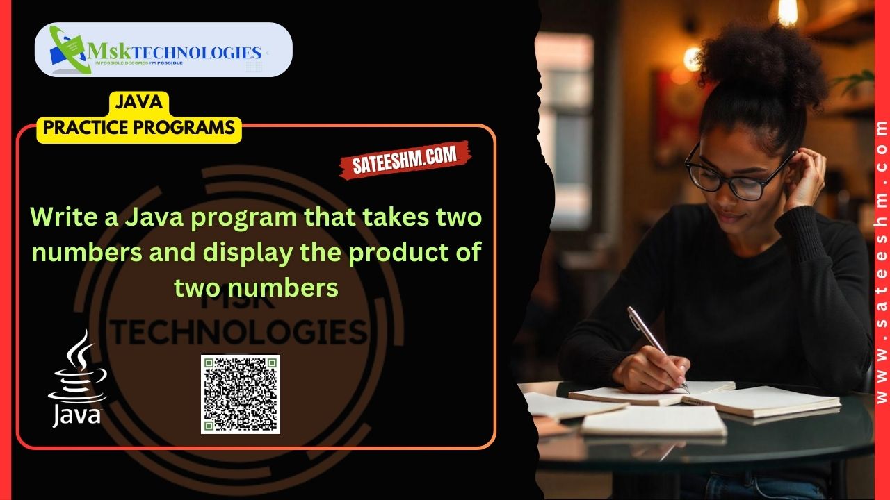 Write a Java program that takes two numbers and display the product of two numbers